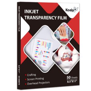 koala inkjet transparency film 50 sheets 100% clear transparency paper for inkjet printers, for crafting, overhead projector, screen printing - 8.5x11 inches