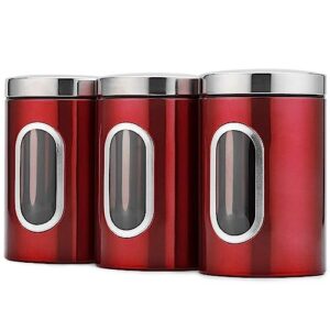 jennimer 3pc kitchen canister set for sugar food tea coffee candy storage jars stainless steel with transparent windows (red)