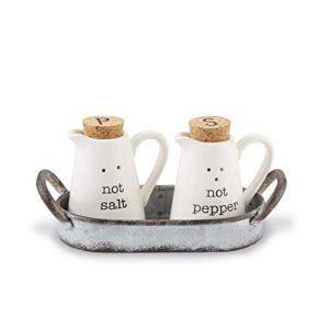 mud pie farmhouse inspired ceramic aluminum salt and pepper caddy set, one size, white