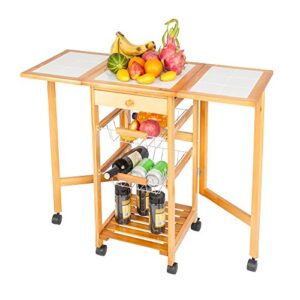 kepooman kitchen dining cart wood portable folding rolling drop leaf kitchen island storage trolley cart shelves w/drawers,rack,fruit baskets,brown