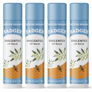 badger unscented classic lip balm, 100% organic lip balm for sensitive lips, long lasting lip moisturizer w/light silky texture, 4 pack