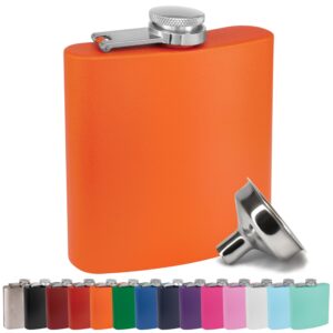 6 oz stainless steel hip flask with funnel for men & women, powder coated flask gift sets for groomsmen, bridesmaids, wedding party whiskey flask for liquor, by clear water home goods, matte orange