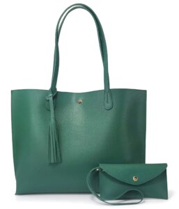 minimalist clean cut pebbled faux leather tote womens shoulder handbag (green) medium