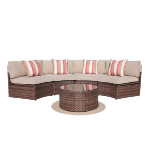 sunsitt 5-piece half moon outdoor sectional sofa set with cover, patio brown pe wicker furniture with beige cushions & tempered glass coffee table