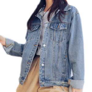 saukiee oversized denim jacket distressed boyfriend jean coat jeans trucker jacket for women girls lightblue m