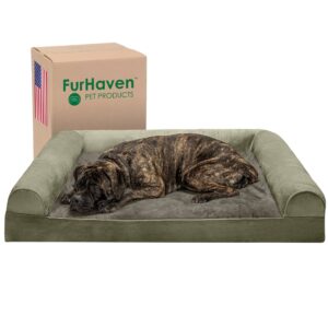 furhaven orthopedic dog bed for large dogs w/ removable bolsters & washable cover, for dogs up to 125 lbs - faux fur & velvet sofa - dark sage, jumbo plus/xxl