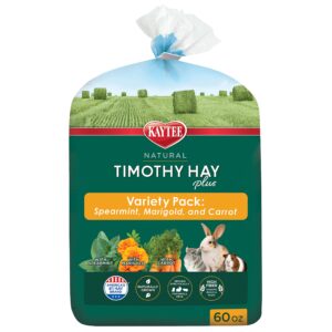 kaytee timothy hay plus spearmint/marigold/carrot 3 flavor variety pack for pet guinea pigs, rabbits & other small animals, 60 ounce (pack of 1)