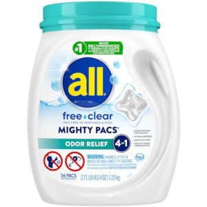 all mighty pacs laundry detergent free clear odor relief, tub, 56 count