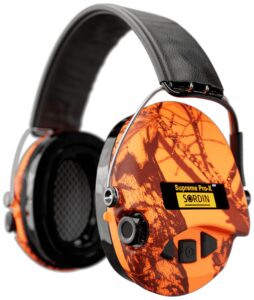 sordin supreme pro-x led ear defenders for hunting & shooting - active & electronic - leather band - orange ear muffs