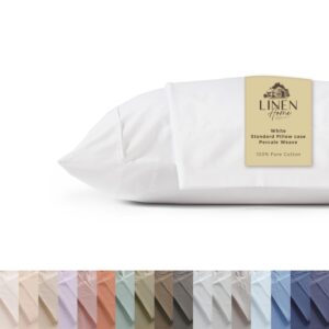 linen home 100% cotton percale pillowcases queen size, white, 2 pieces of pillow case, crisp and cool strong bed linen, 20 inches x 30 inches