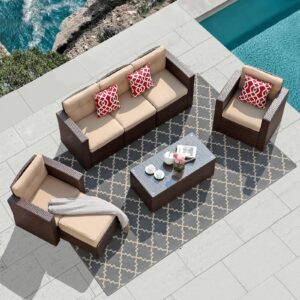 super patio outdoor furniture 7 pieces patio furniture set, rattan patio conversation sets with coffee table, outdoor wicker sectional couch sofa set with ottoman for deck, garden, porch, brown