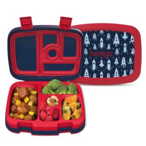 bentgo kids prints leak-proof, 5-compartment bento-style kids lunch box - ideal portion sizes for ages 3-7, durable, drop-proof, dishwasher safe, & made with bpa-free materials (rocket)