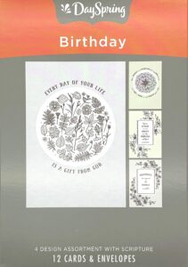 dayspring - black & white birthday botanicals - 4 design assortment with scripture - 12 boxed cards & envelopes (j0384)