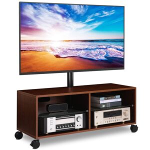 rfiver swivel wood tv stand on wheels with mount for 32-70 inch flat screen tvs, rolling entertainment center with 4-shelf storage for media console, universal floor tv stand cabinet for home, walnut