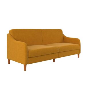 dhp jasper 77 inch futon sofa bed, modern upholstered couch sleeper with sloped arms, mustard