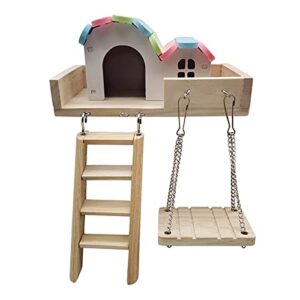 hamster platform with ladder,wooden house hut hideout swing rat playground activity set with climbing ladders play toys for mouse,gerbil, small animals