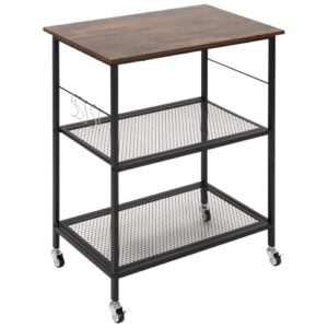 giantex microwave cart 3-tier w/storage shelf and rolling casters, industrial style metal frame for kitchen, living room accent furniture for living room rolling serving cart (net-brown)