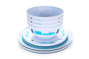 camco life is better at the campsite dishware set | includes (4) large dinner plates, (4) small salad plates and (4) bowls | top rack dishwasher safe | blue tree and truck design (53294)