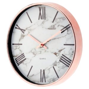 mdesign modern stylish wall clock for the office, bedroom, kitchen, bathroom, 11.5 inch diameter - rose gold frame and hands, large black numbers on a marble background with a clear glass cover