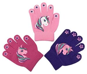 n'ice caps kids magic stretch gloves mitten 3 pairs toddler boys girls winter (unicorns - pink/purple/fuchsia, 3-5 years)