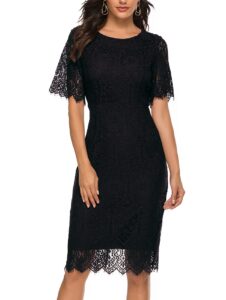 merokeety women's short sleeve lace floral cocktail dress crew neck knee length for party, shortblack, medium