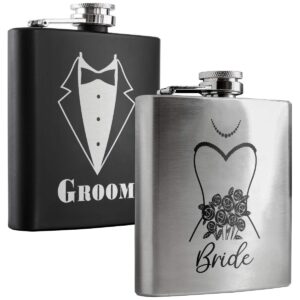 stainless steel 6 oz groom and bride flask set | black with silver engraving & silver with black engraving | weddings, gifts, celebrations