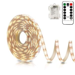 echosari battery powered led strip lights with remote warm white, 8 modes, dimmable, timer, self-adhesive, cuttable, waterproof, 9.8ft 90led strip lights for tv kitchen cupboard bedroom decor