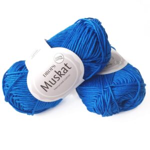 100% cotton yarn for knitting and crocheting, 3 or light, dk, worsted weight, drops muskat, 1.8 oz 109 yards per ball (15 royal blue)