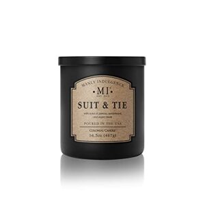 manly indulgence suit & tie scented jar candle, cotton wick, premium soy blend white wax, 60 hr burn, matte black jar candle for home and men, 16.5 oz - usa poured