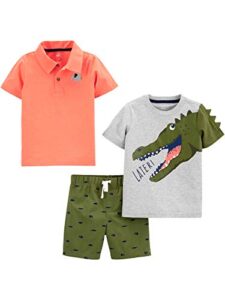 simple joys by carter's baby boys' 3-piece playwear set, coral orange elephant/green dinosaur/grey alligator, 12 months