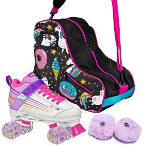 pacer comet light-up skates, donut/unicorn bag, pink pom poms (bundle 3-items)