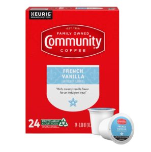 community coffee french vanilla flavored 24 count coffee pods, medium roast, compatible with keurig 2.0 k-cup brewers, 24 count (pack of 1)