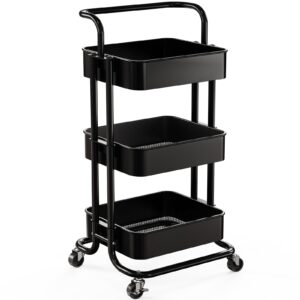 pipishell 3 tier mesh utility cart, rolling metal organization cart with handle and lockable wheels, multifunctional storage shelves for kitchen living room office black