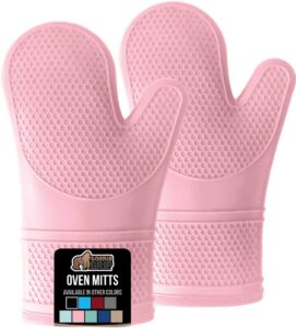 gorilla grip bpa-free soft silicone oven mitts, heat and slip resistant thick cotton lined cooking mitt set, long flexible potholders protect hands, kitchen essential waterproof gloves, 12.5" pink