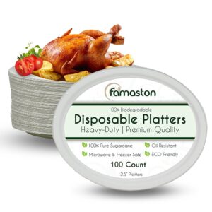 famaston 100 pack oval paper plates 12 inch 100% compostable heavy-duty disposable extra large platters thanksgiving dinner party bulk 12" biodegradable platos - white