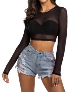 avidlove long sleeve mesh crop top sheer tops for women see through shirt black m