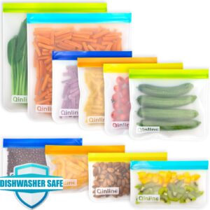 qinline reusable food storage bags - 10 pack freezer bags, bpa free reusable bags silicone, extra thick leakproof reusable lunch bag for salad fruit snack travel - 2 gallon 4 sandwich 4 snack bags