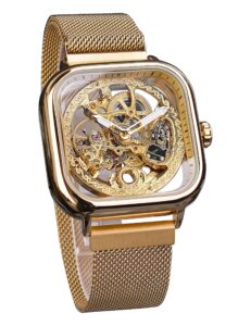 forsining fashion automatic mechanical wrist watch golden for mens waterproof watches with stainless steel skeleton transparent dial with royal flower movement carving