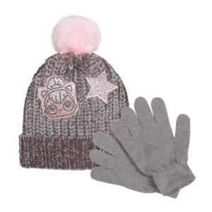 lol surprise soft chenille winter hat & gloves set for girls with pompom and lol doll patches grey