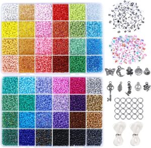 greentime 3mm bracelet beads kit for bracelets making, 35000pcs seed beads small glass beads 8/0 rainbow beads set with letter beads elastic string charms for crafts (48 colors)