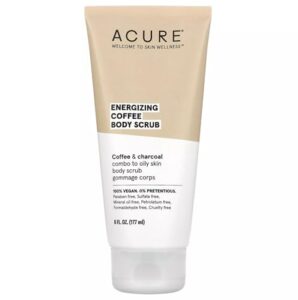 acure energizing coffee body scrub - re-energize & hydrate for soft, glowing skin - coffee and charcoal infused blend - rejuvenating after shower/bath exfoliation - for normal to oily skin - 6 fl oz