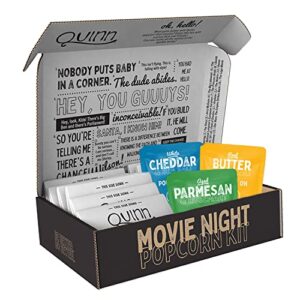 quinn movie night popcorn variety gift kit, 3 flavors - real butter, parmesan & rosemary, white cheddar, non-gmo, organic popcorn kernels (9 bags)