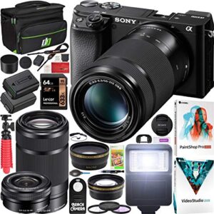 sony a6100 mirrorless camera 4k aps-c ilce-6100yb with 2 lens kit 16-50mm + 55-210mm and deco gear case + extra battery + flash + wide angle & telephoto lens + filter kit + 64gb accessories bundle