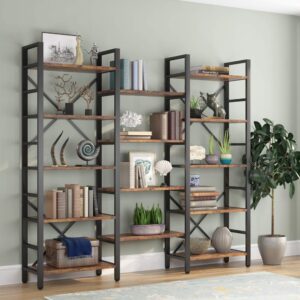 tribesigns triple wide 5-shelf bookcase, etagere large open bookshelf vintage industrial style shelves wood and metal bookcases furniture for home & office, 70 inch