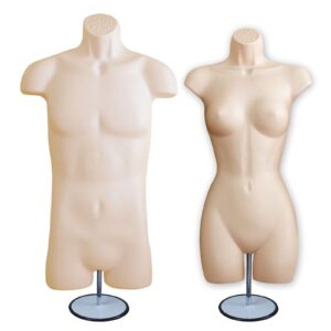 displaytown flesh male + flesh female dress form mannequin hip long hollow back body torso set w/metal stand with metal pole & hanging hook, s-m sizes