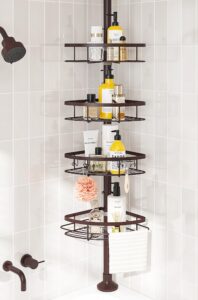 seirione rustproof shower corner caddy organizer for bathroom,tension pole with 4 baskets, for bathtub storage rack,39.2 to 113 inch height, bronze