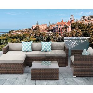 hompus 6 pieces outdoor furniture set, all-weather patio conversation set brown handwoven wicker w/washable gray cushions, glass coffee table, modular sectional sofa set for backyard garden deck pool