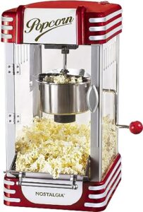 nostalgia popcorn maker, 2.5 oz kettle makes 10 cups, retro classic popcorn machine with interior light, measuring spoons and scoop, white and red