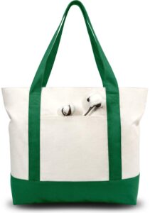 topdesign 1-pack canvas tote bag with an external pocket, reusable grocery shopping bag, top zipper closure, daily essentials (green/natural)