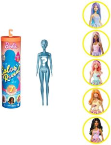 barbie color reveal doll with 7 surprises: 4 mystery bags contain surprise wig, skirt, shoes & sponge; water reveals metallic blue doll’s look & creates color change on face & wig